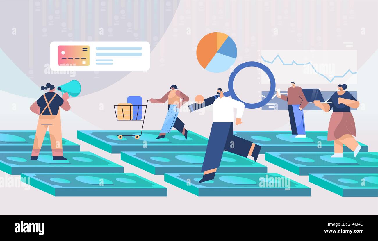 mix race people standing on money banknotes shopping digital marketing ...