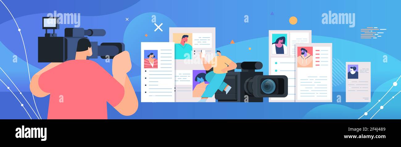 cameraman with video camera choosing resume curriculum vitae of new ...