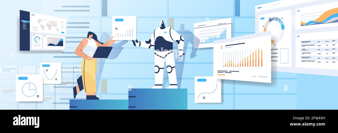Robot With Businesswoman Analyzing Statistics Graphs Financial Data