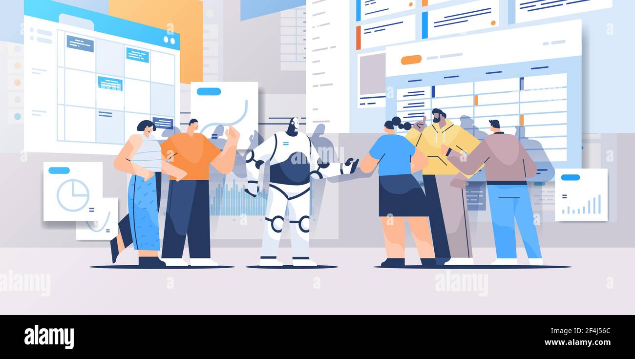 robot with businesspeople analyzing statistics graphs and charts ... robot with businesspeople analyzing statistics graphs and charts ...