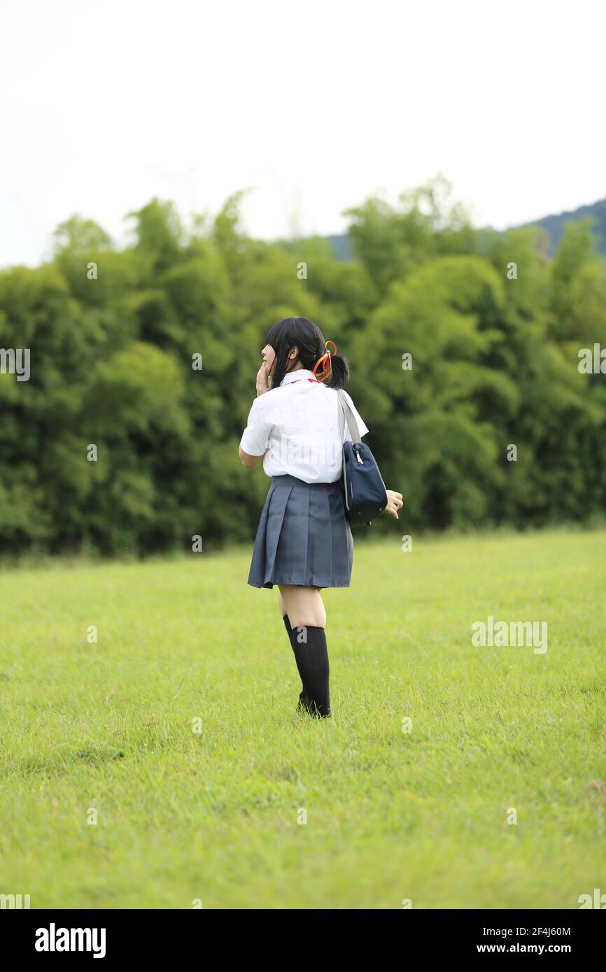 Japanese school in countryside with grass mountain and tree Stock Photo ...