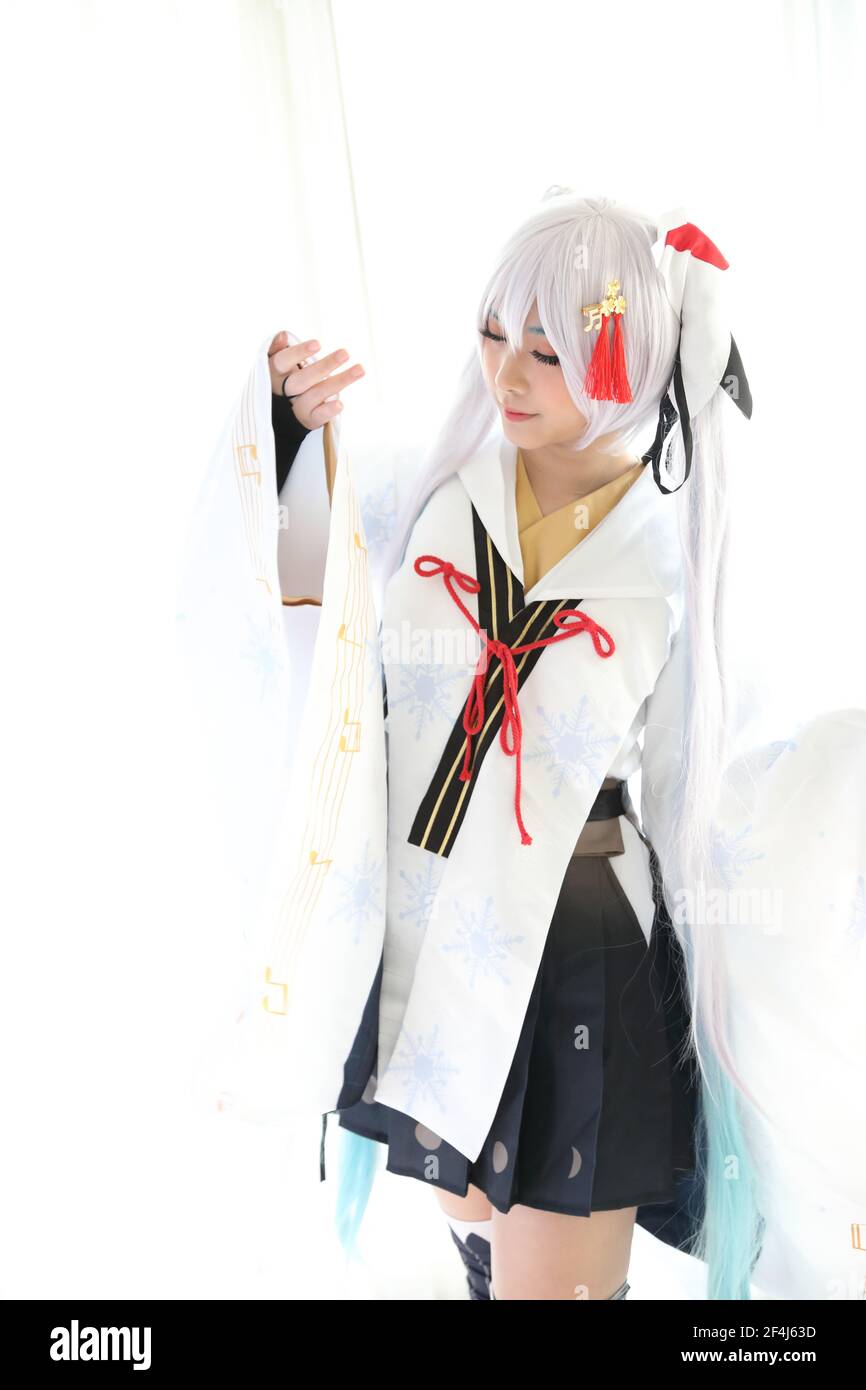 Japan anime cosplay , white japanese miko in white tone room Stock ...