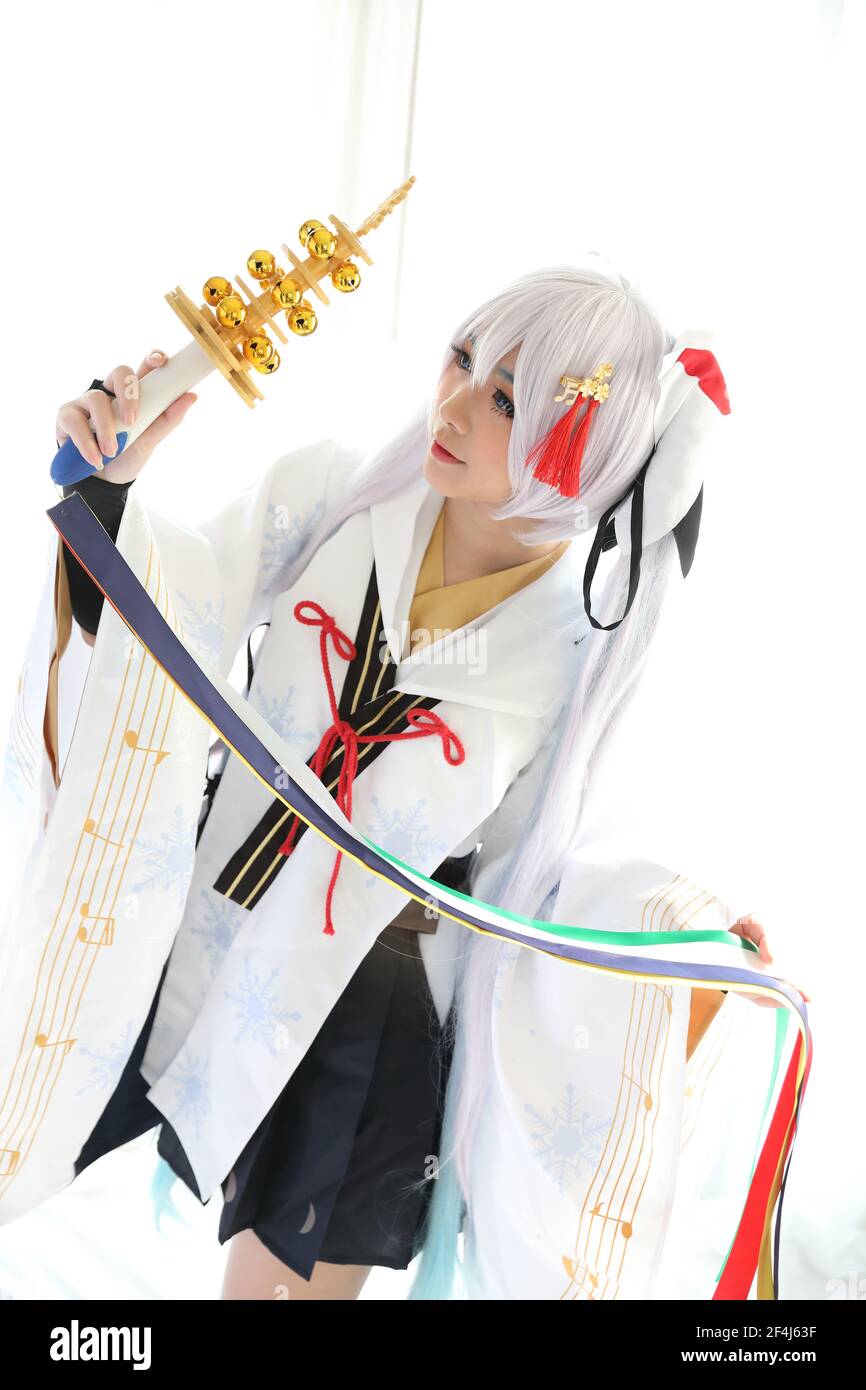 Japan anime cosplay , white japanese miko in white tone room Stock ...