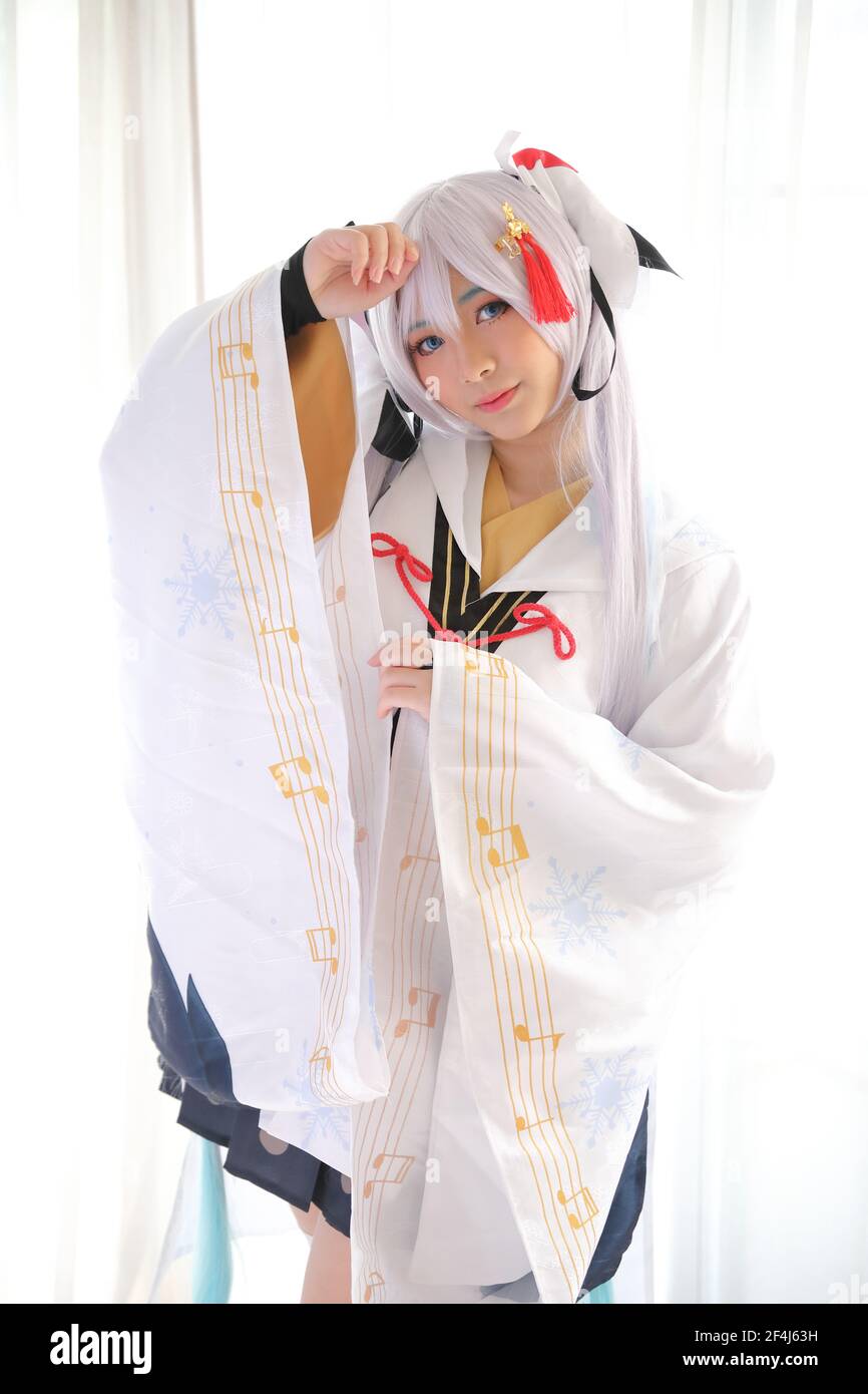 Japan anime cosplay , white japanese miko in white tone room Stock ...