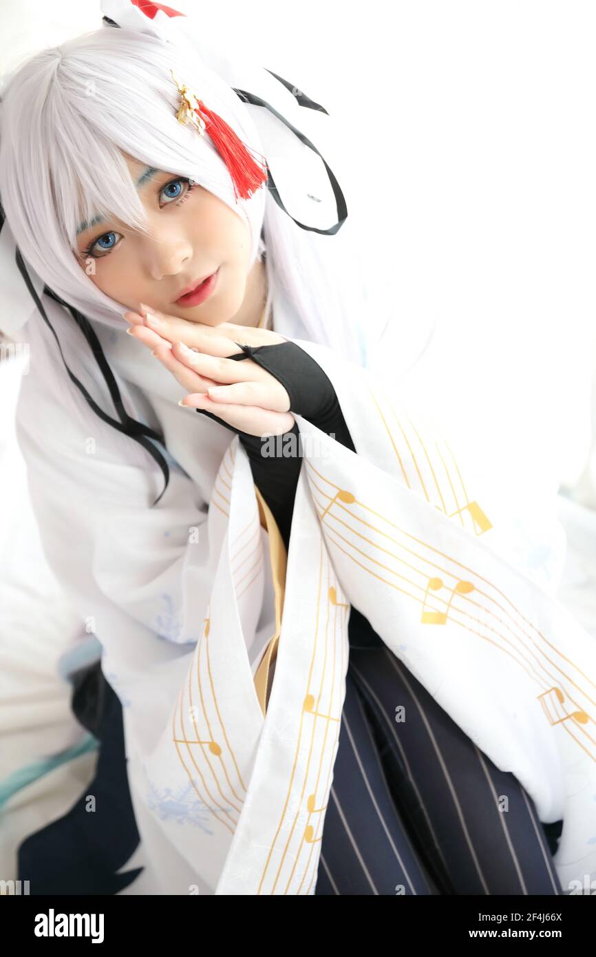 Japan anime cosplay , white japanese miko in white tone room Stock ...