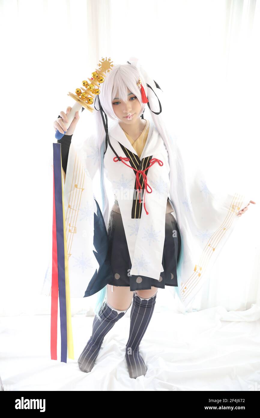 Japan anime cosplay , white japanese miko in white tone room Stock ...