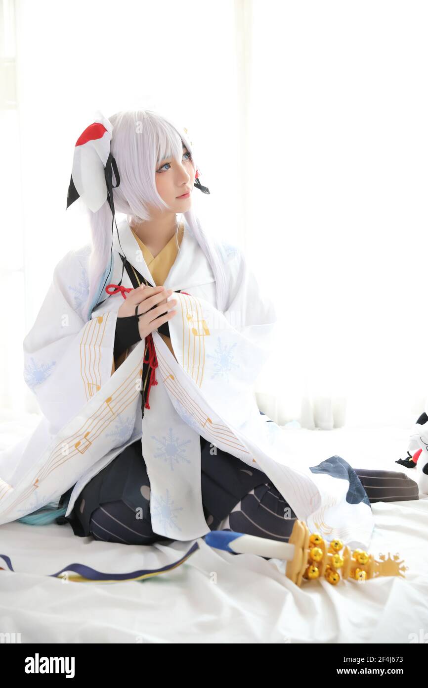 Japan anime cosplay , white japanese miko in white tone room Stock ...