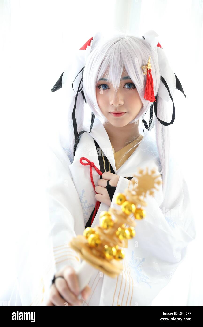 Japan anime cosplay , white japanese miko in white tone room Stock ...