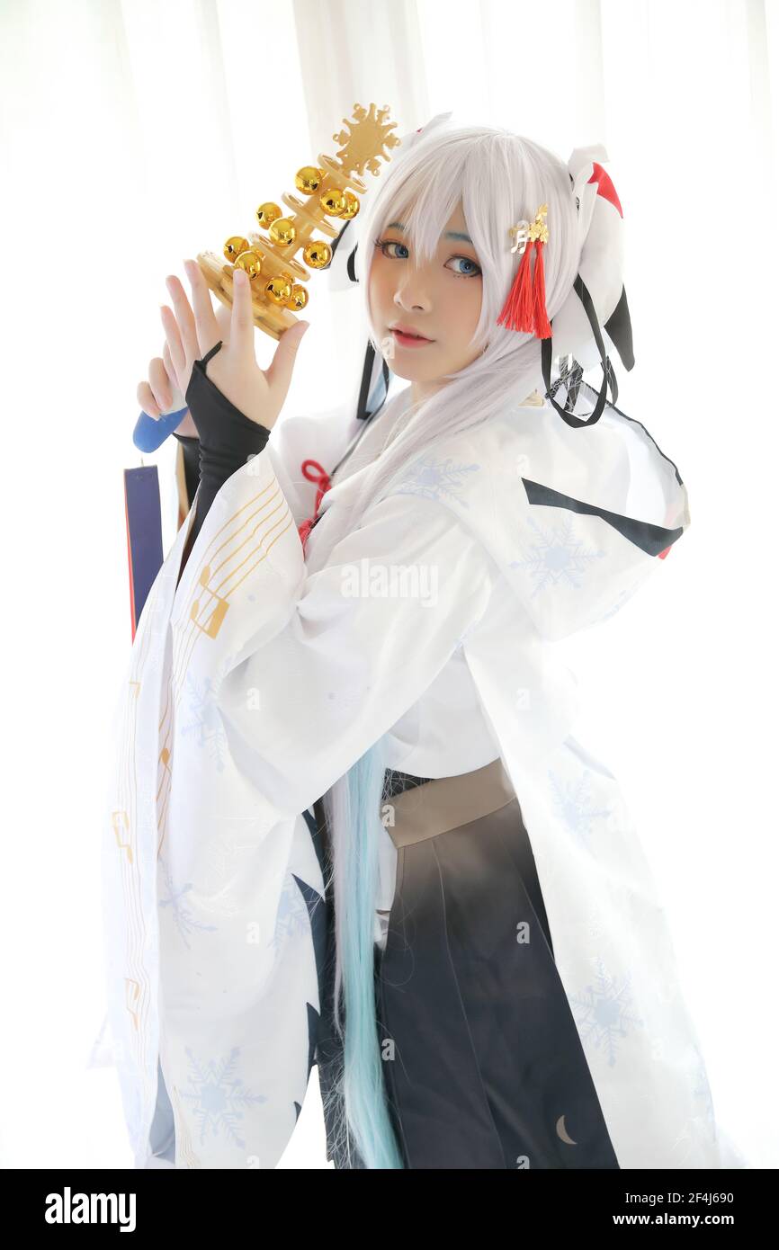 Japan anime cosplay , white japanese miko in white tone room Stock ...