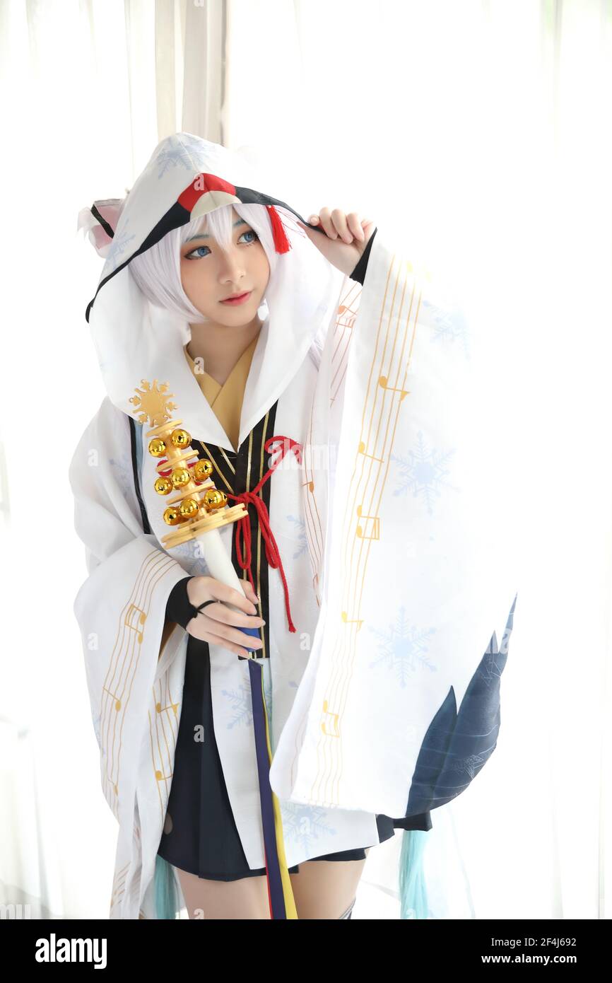 Japan anime cosplay , white japanese miko in white tone room Stock ...