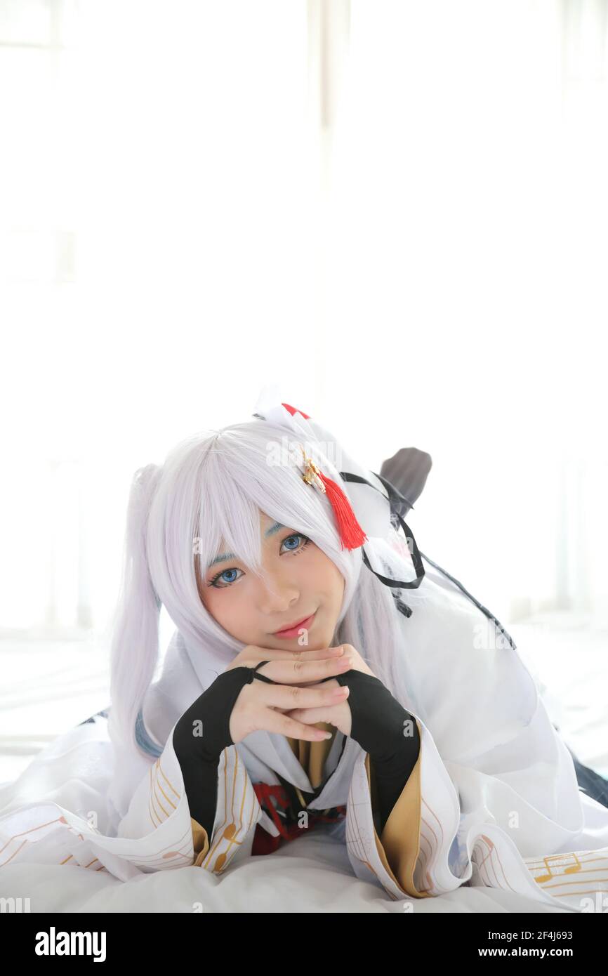 Japan anime cosplay , white japanese miko in white tone room Stock ...