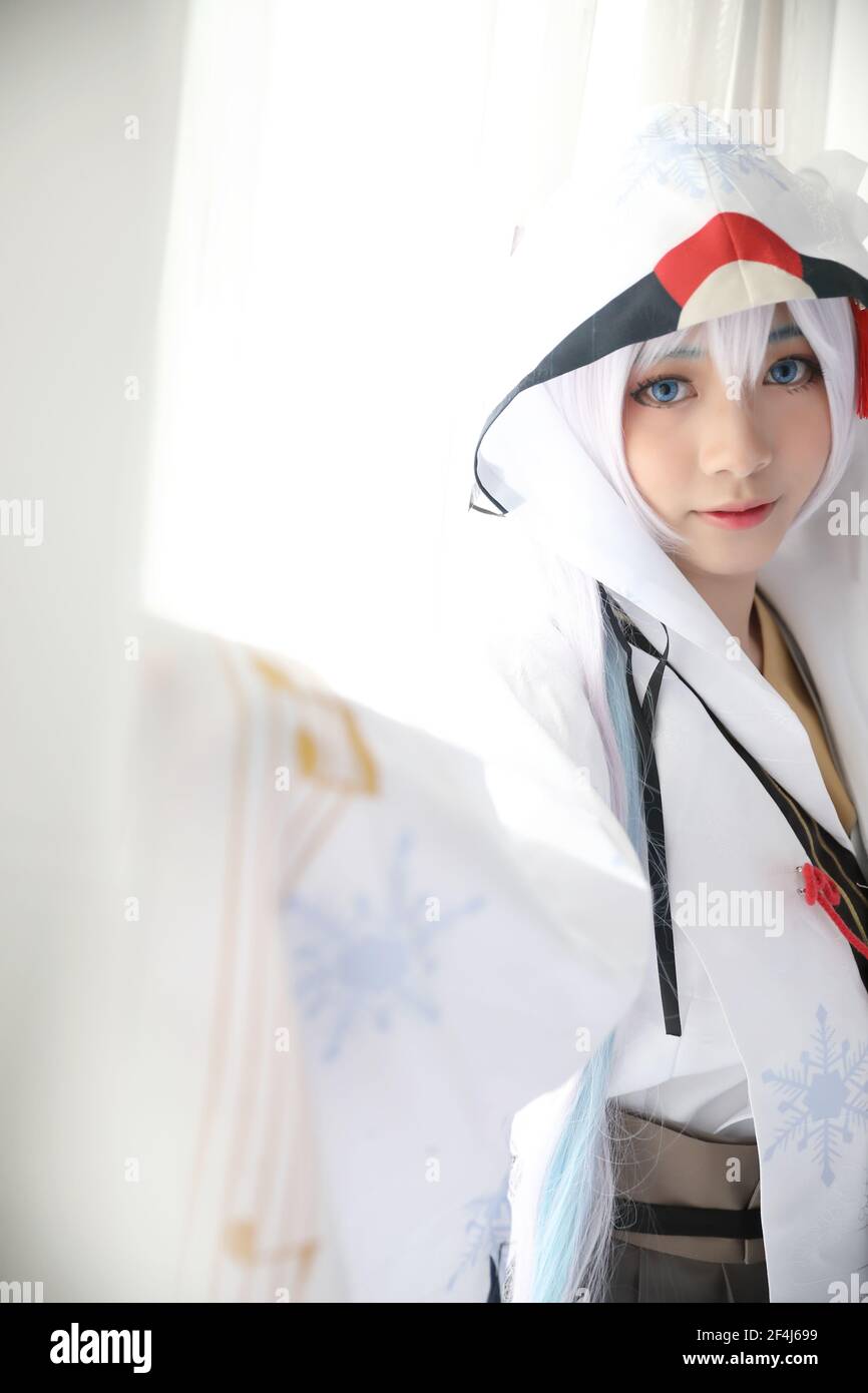 Japan anime cosplay , white japanese miko in white tone room Stock ...