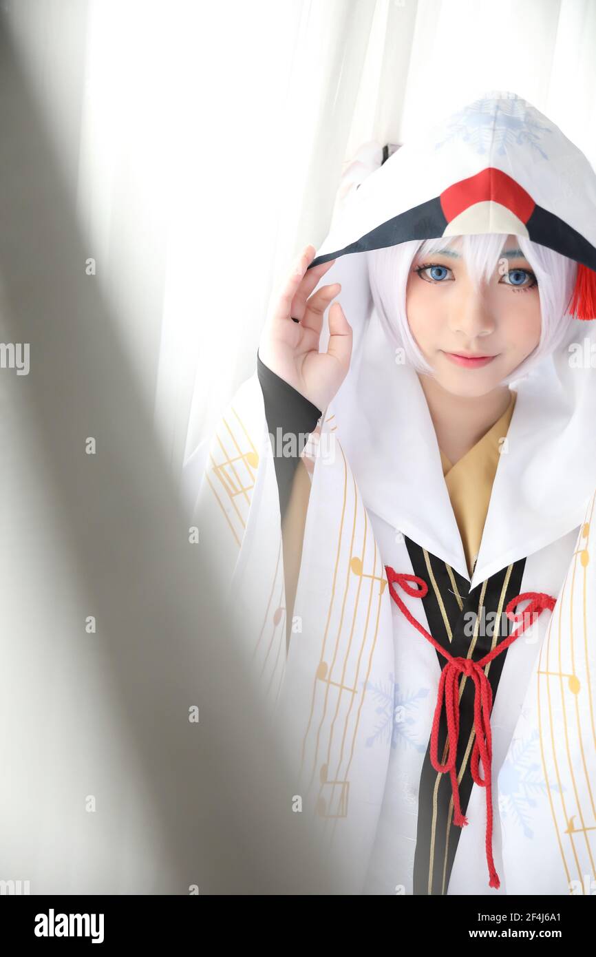 Japan anime cosplay , white japanese miko in white tone room Stock ...