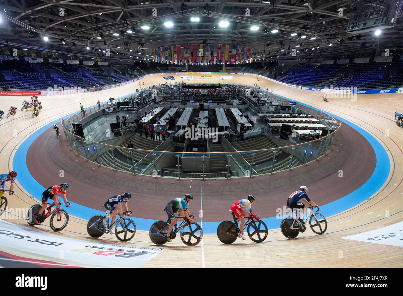 Overview of the Berlin Velodrome during practice for the 2020 UCI Track ...