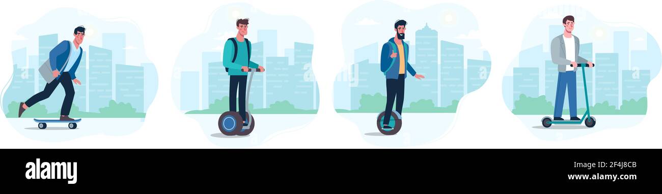Men use modern electric vehicles. Eco gyroboards, skateboards, scooters ...