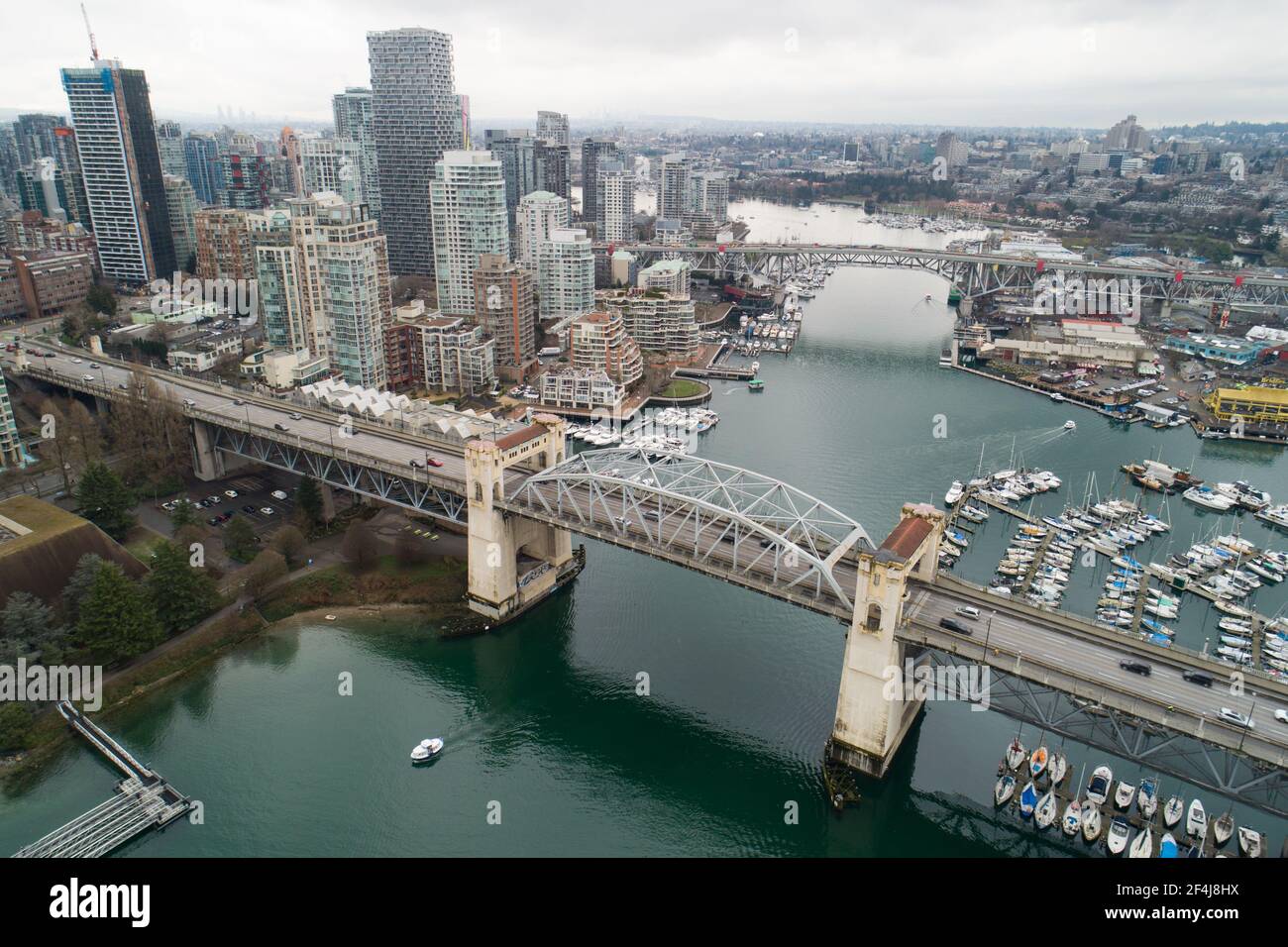 Aerial View of the Burrard Street Bridge and downtown Vancouver, BC ...