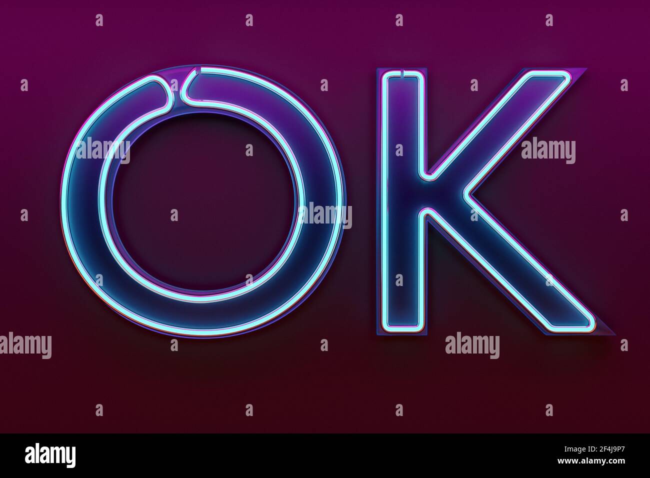 3d illustration neon sign with the words OK. Neon Light Glowing OK ...