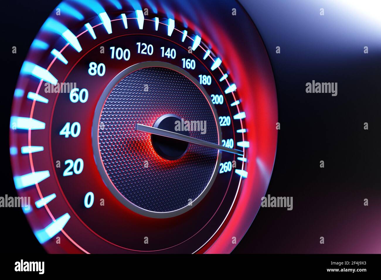 3D illustration close up black car panel, digital bright speedometer in ...