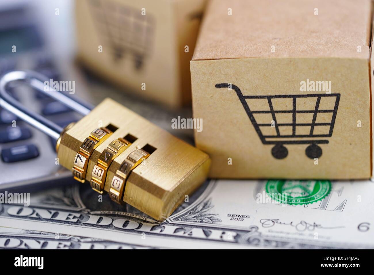Golden security digital password lock key and Box with shopping cart ...