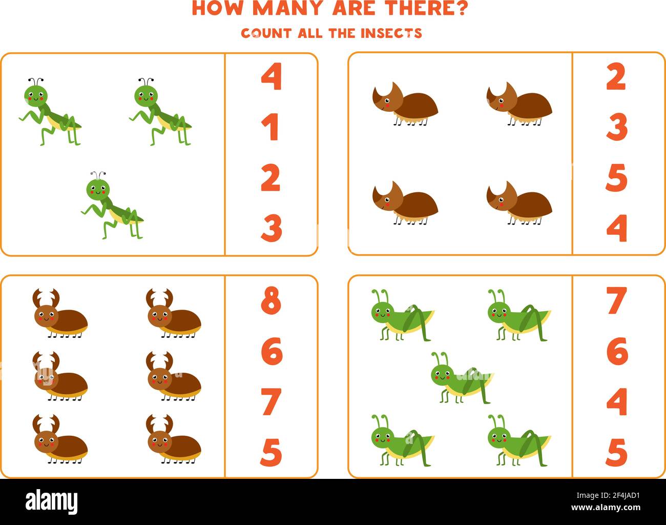 Count all cute insects and circle the correct answers. Math game for ...