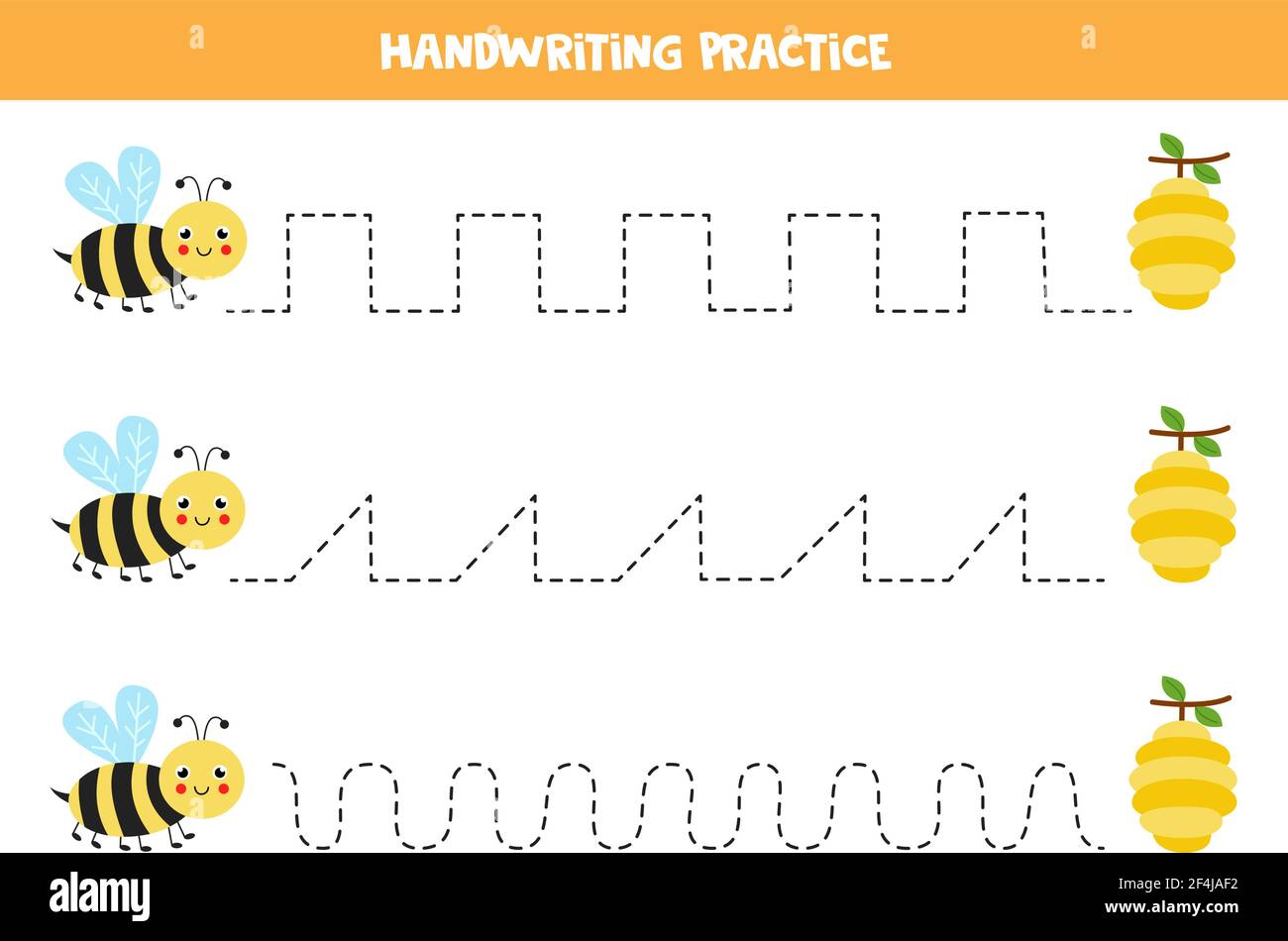 Tracing lines for kids with cute bee and hives. Handwriting practice ...