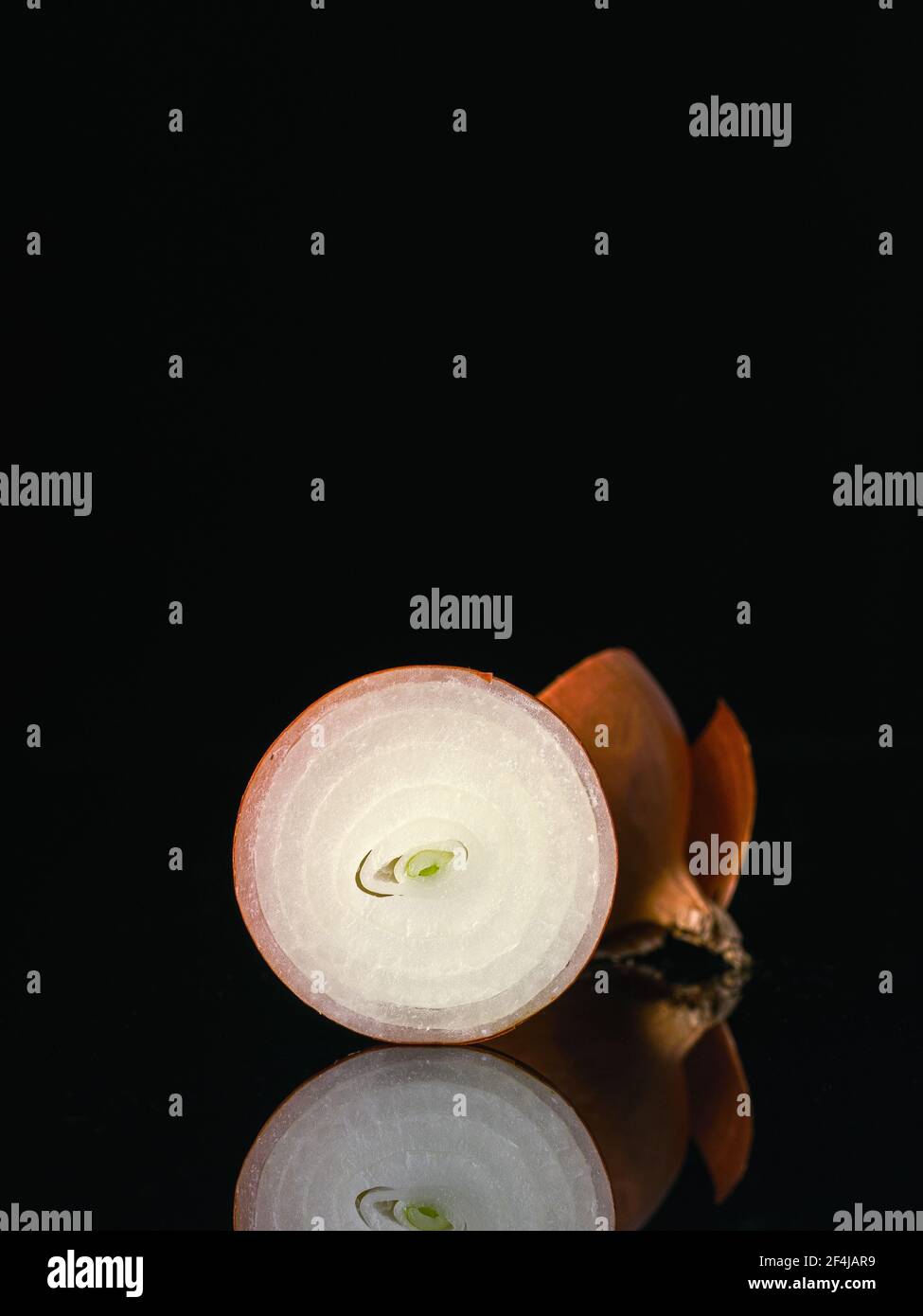 View to the cut raw onion with husk. Black background with reflection ...