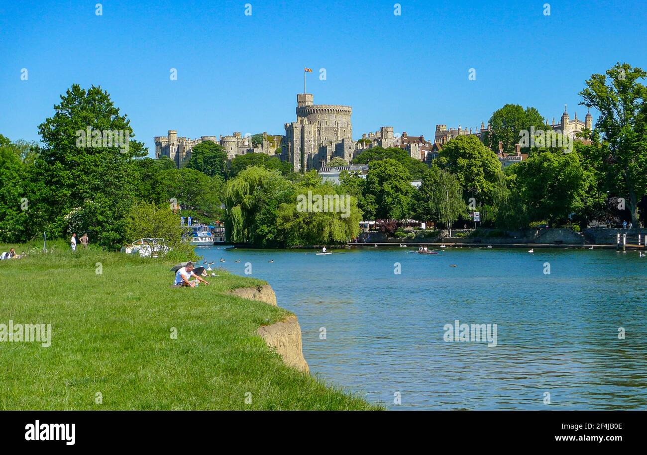 A view across the River Thames to Windsor Castle from the Brocas Stock ...