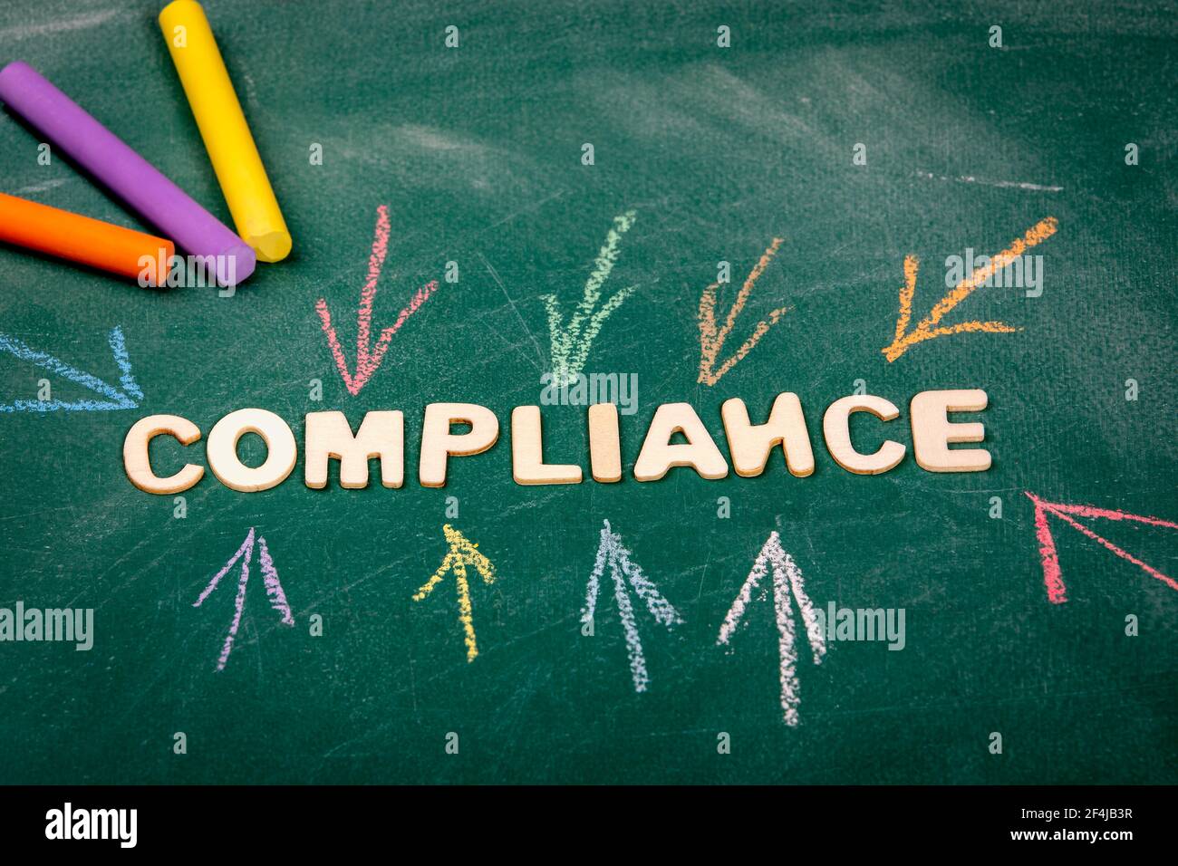 COMPLIANCE. Business concept. Green chalk board background Stock Photo ...