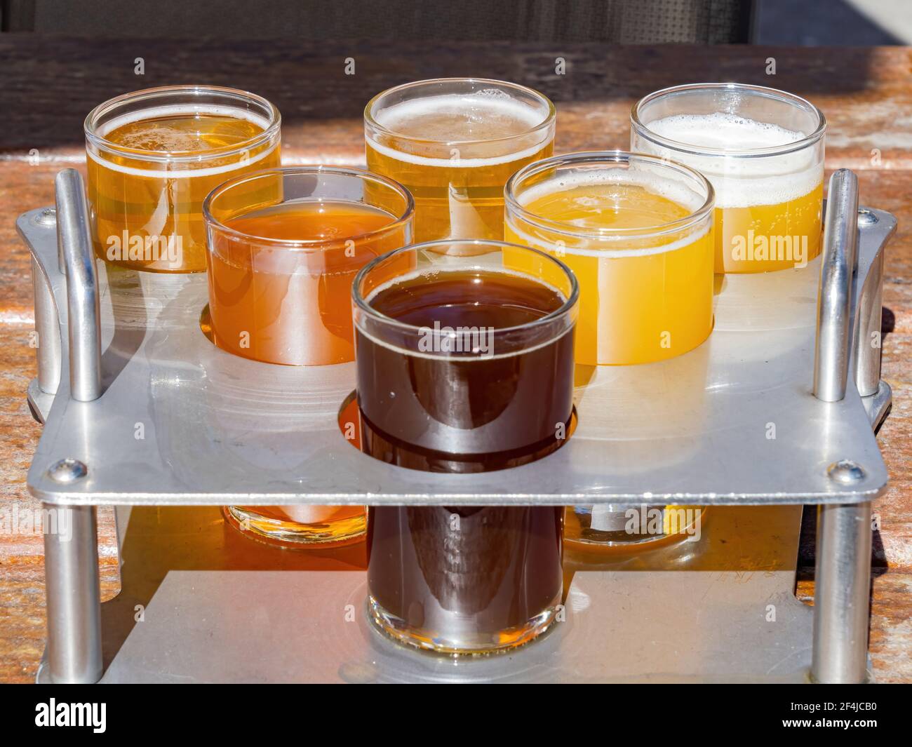 Close up shot of colorful six beer sampler at Boulder City, Nevada ...