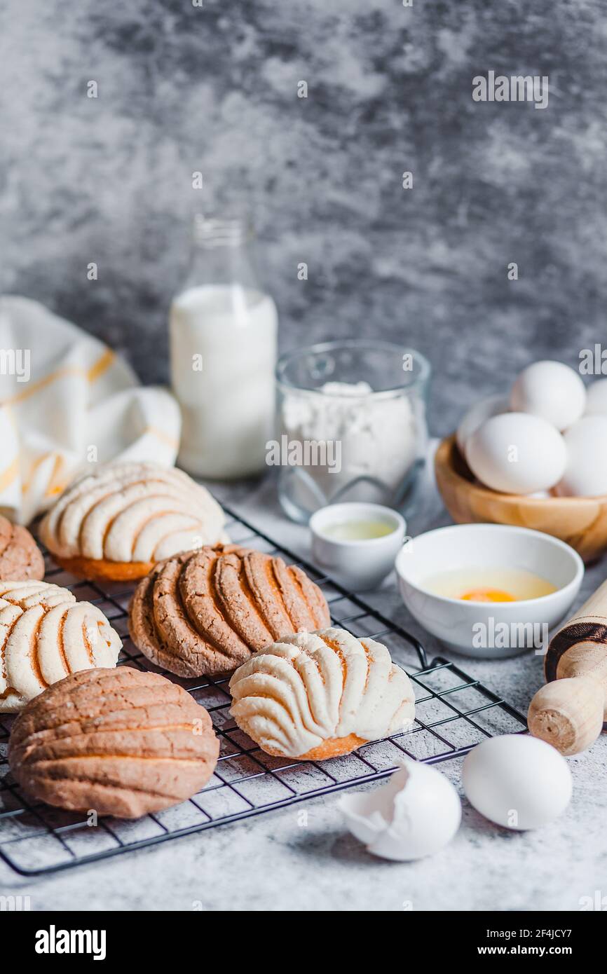 conchas mexican bread top view baking ingredients in Mexico Stock Photo ...