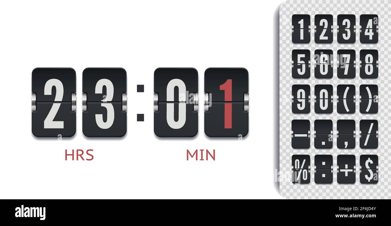 Retro design score board clock template. Scoreboard countdown number and symbol font with ...