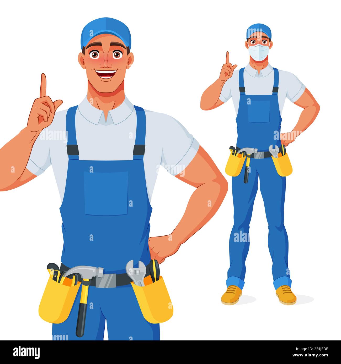 Handyman in overall and tool belt pointing finger up to give advice ...