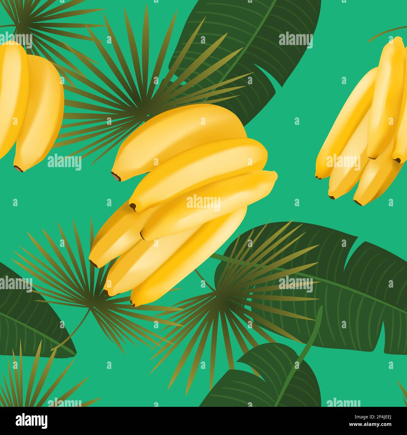 Trendy seamless pattern with realistic banana bunch and tropical leaves ...