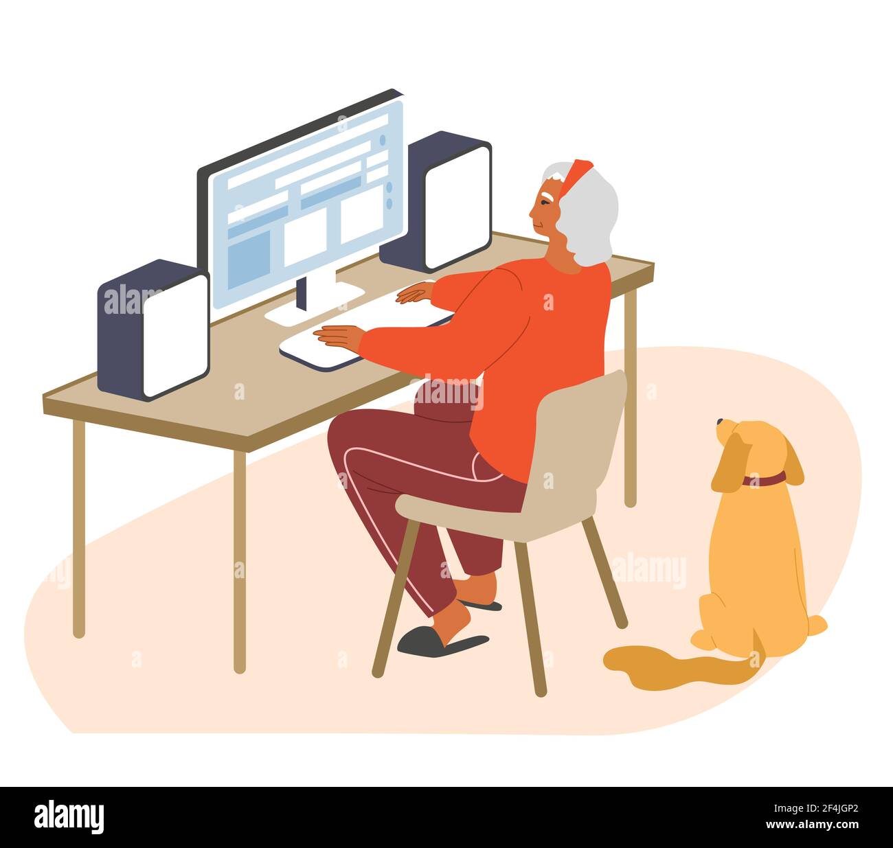 Senior woman chatting on social networks, flat vector illustration ...