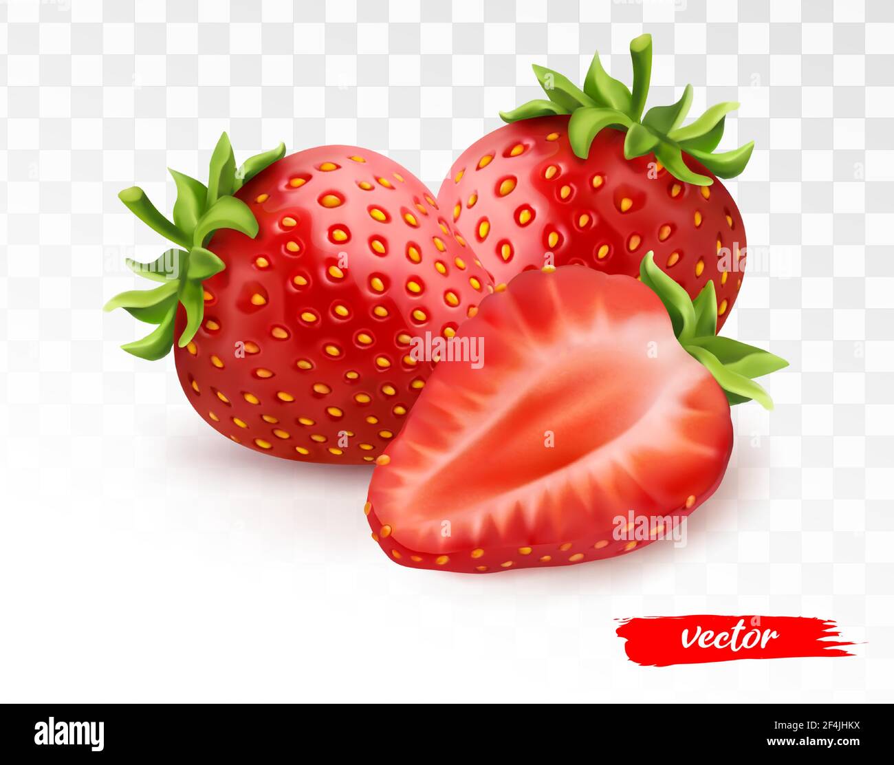 Two whole strawberries and half of strawberry on transparent white ...