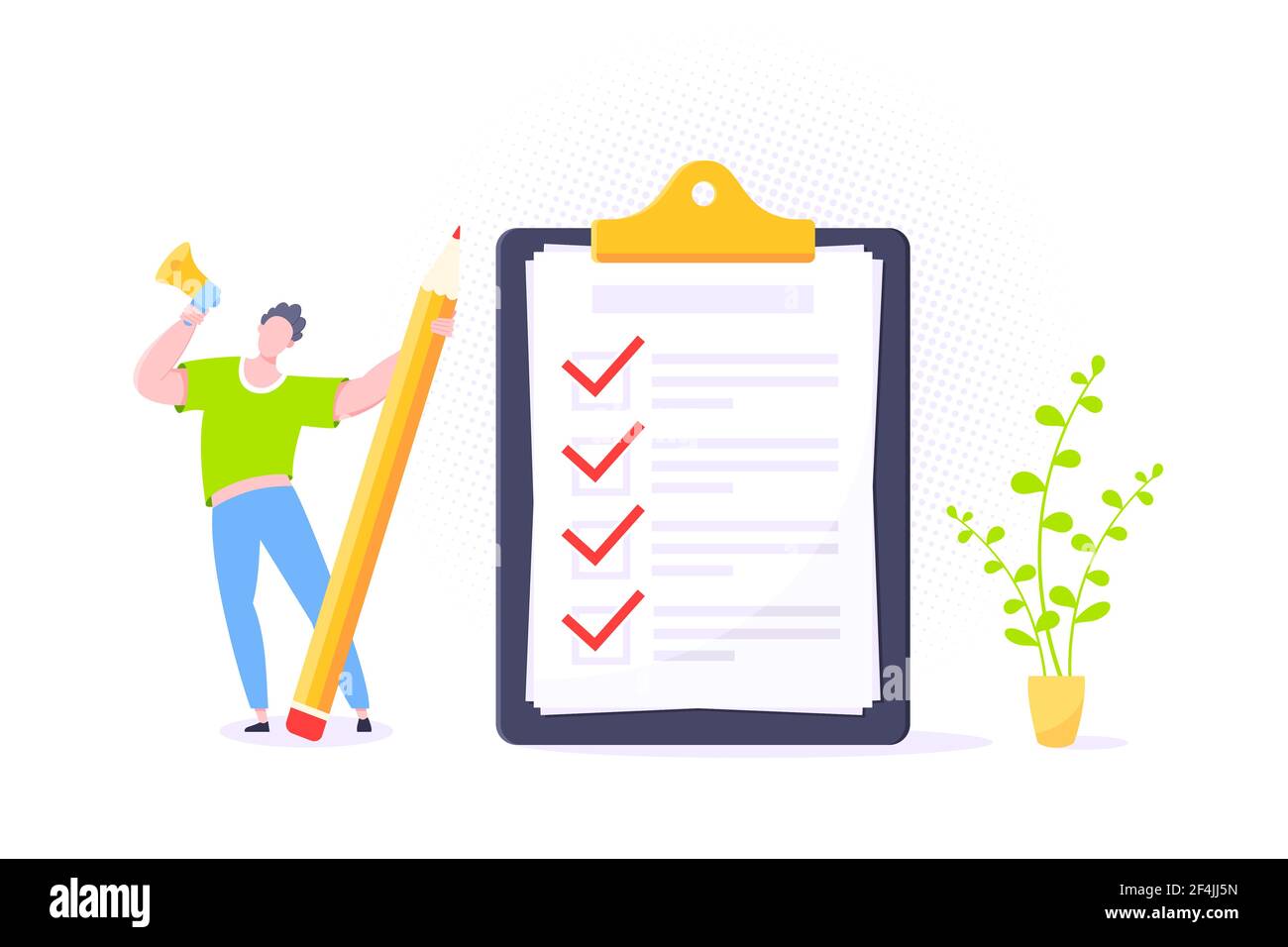 Checklist complete business concept tiny person with megaphone, pencil ...