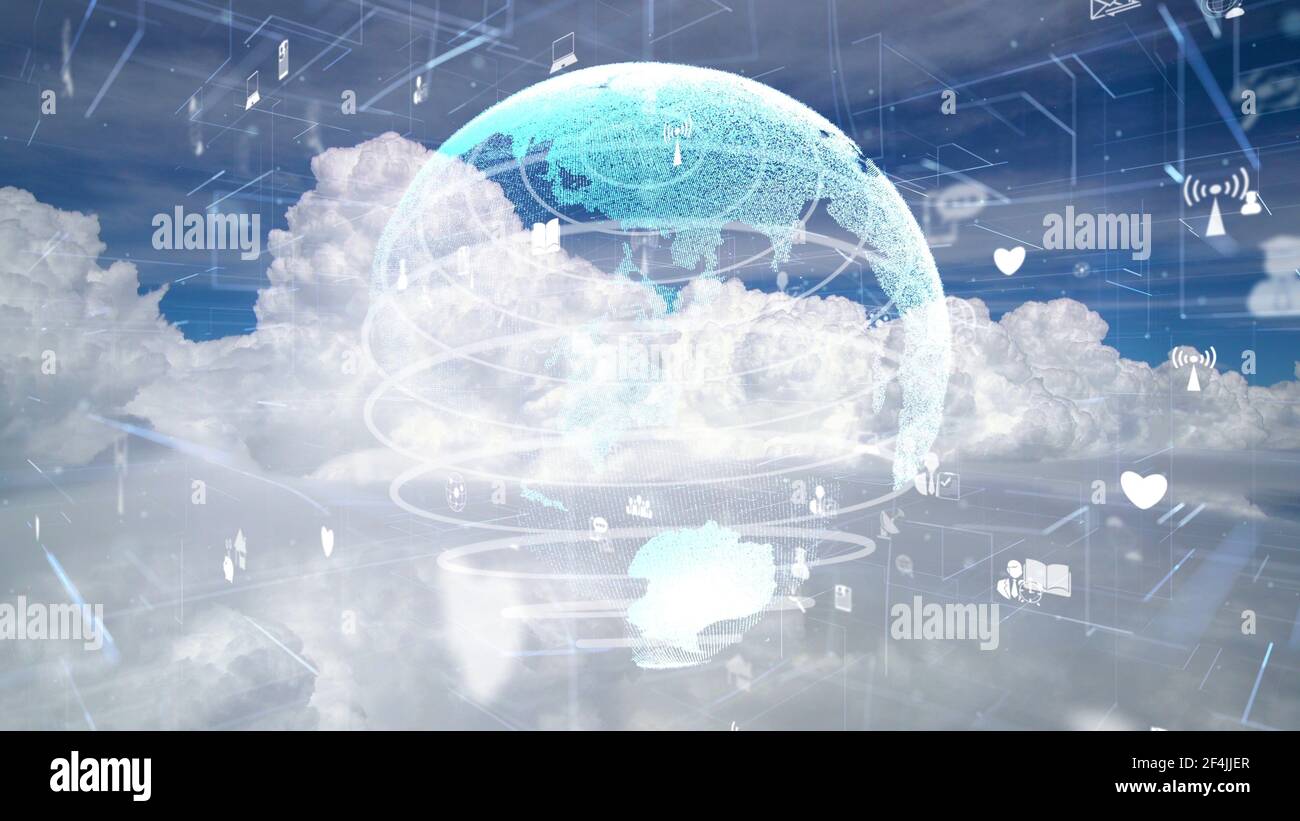 Network of connection modernization over clouds in the sky showing ...