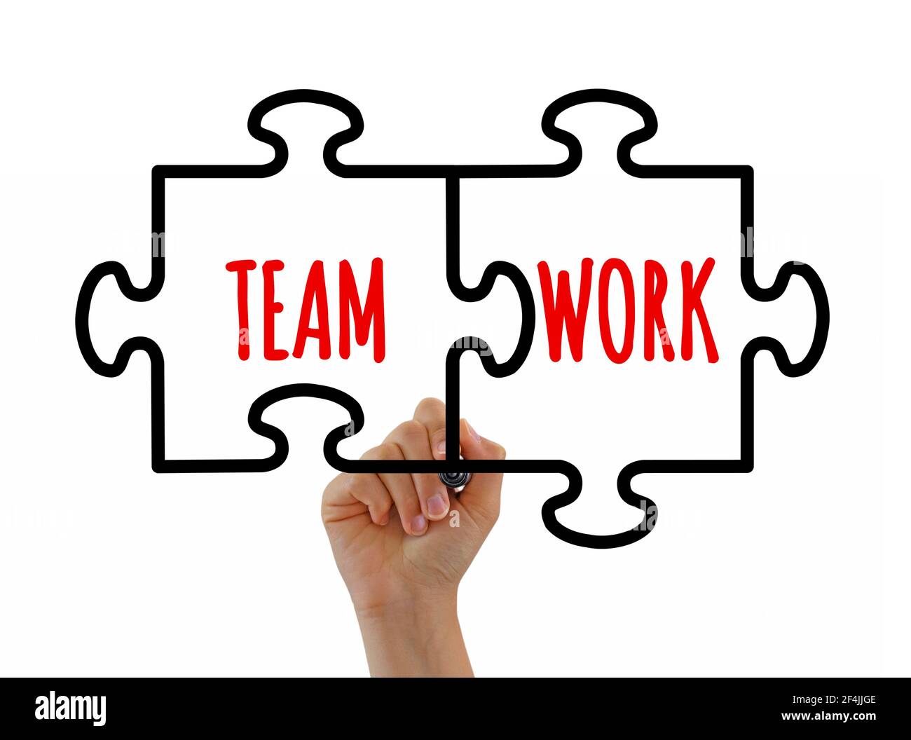 Hand sketching teamwork jigsaw puzzle pieces concept with black marker ...