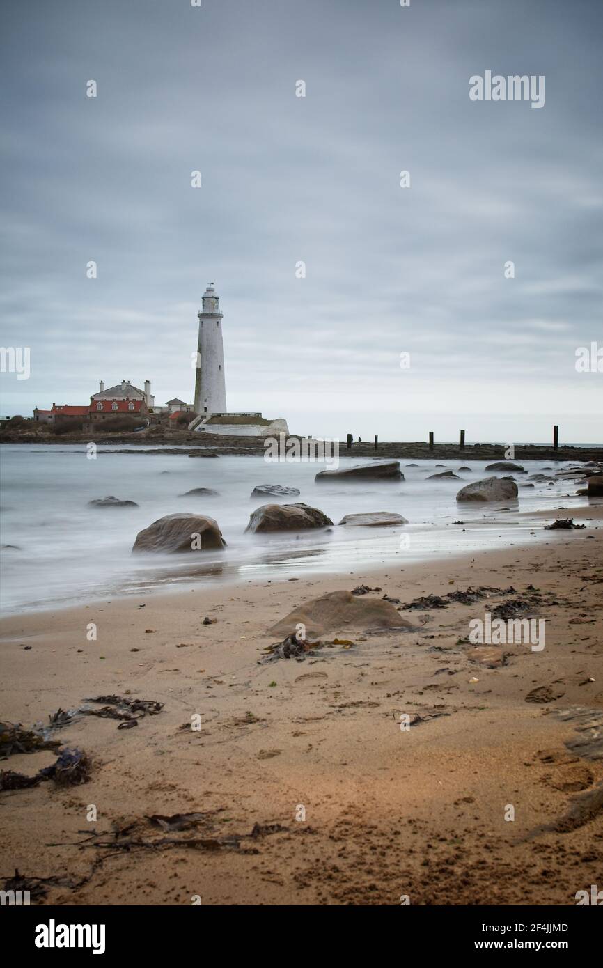 St Mary's Lighthouse stands on St Mary's Island just off the North Sea ...