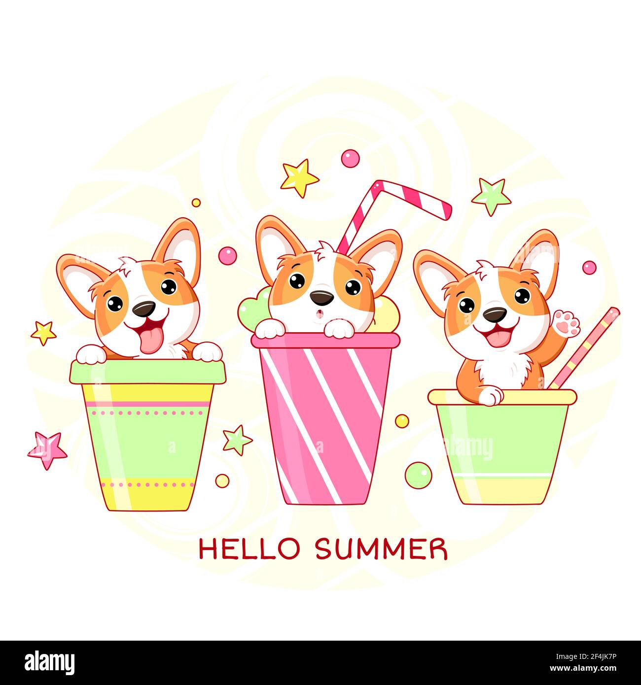 Hello summer. Vacations card with cute corgi dog in cocktail cups ...