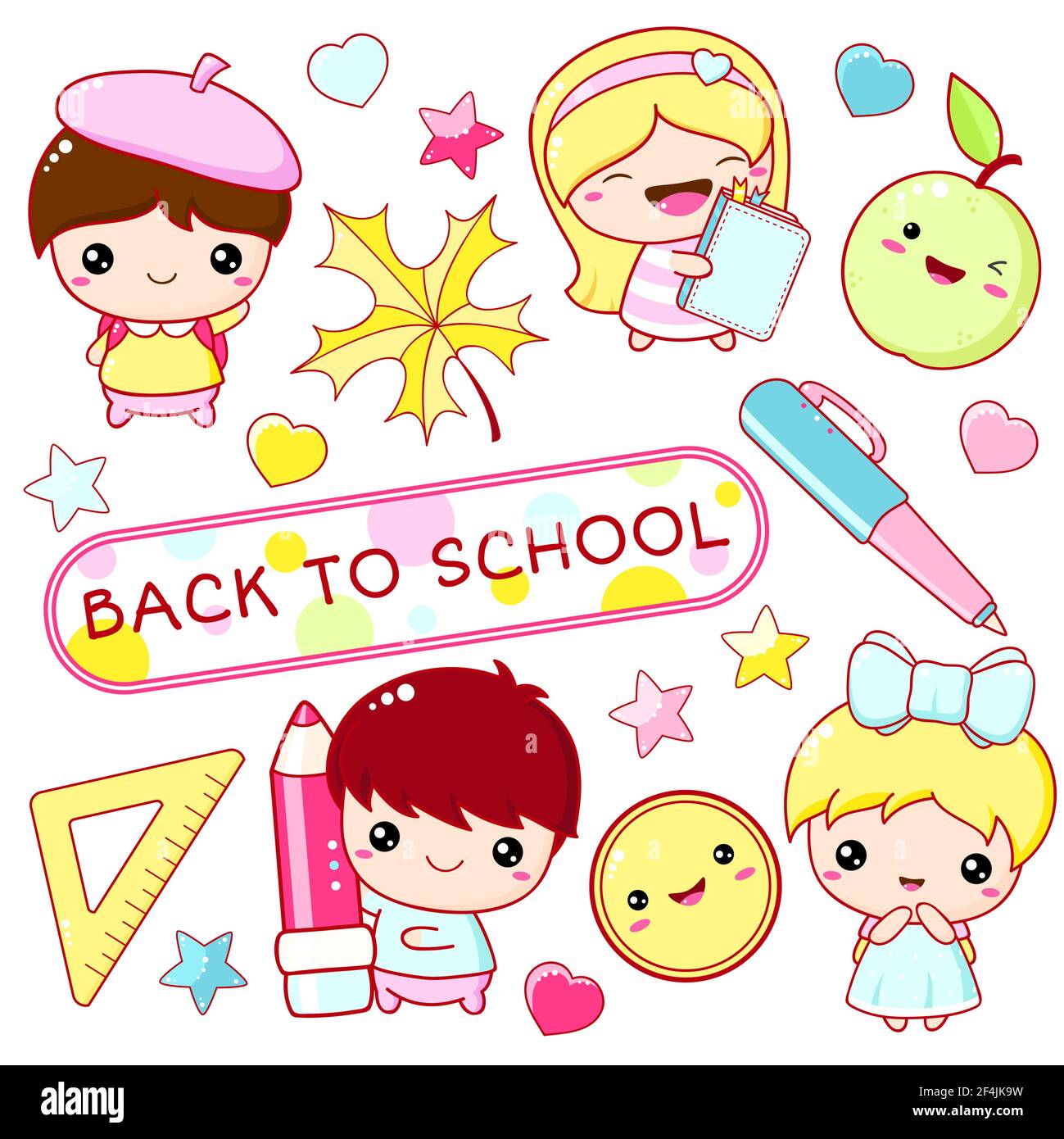 Back to school. Vector set of education icons in kawaii style. Stickers ...