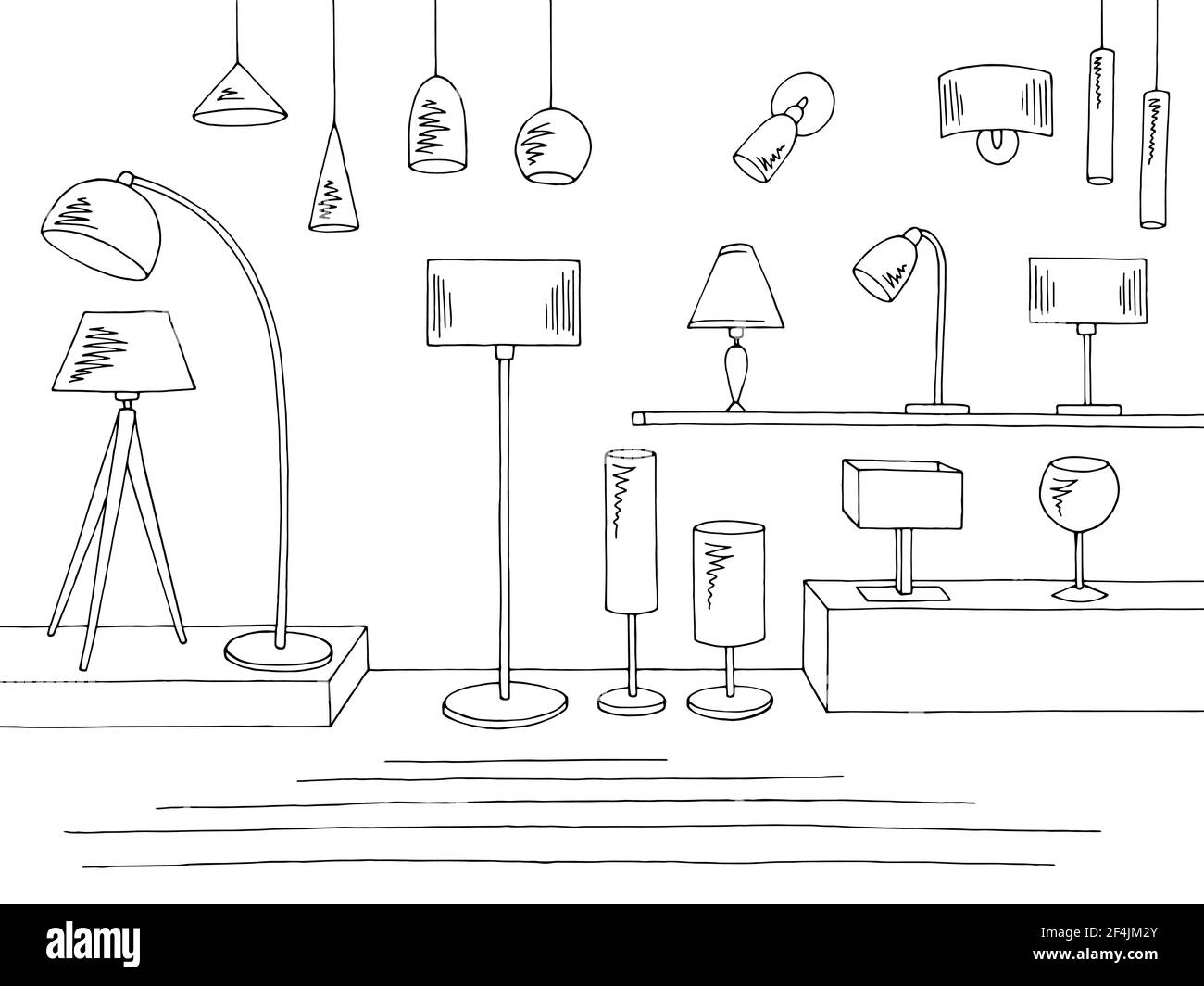 Lamp store shop graphic black white interior sketch illustration vector ...