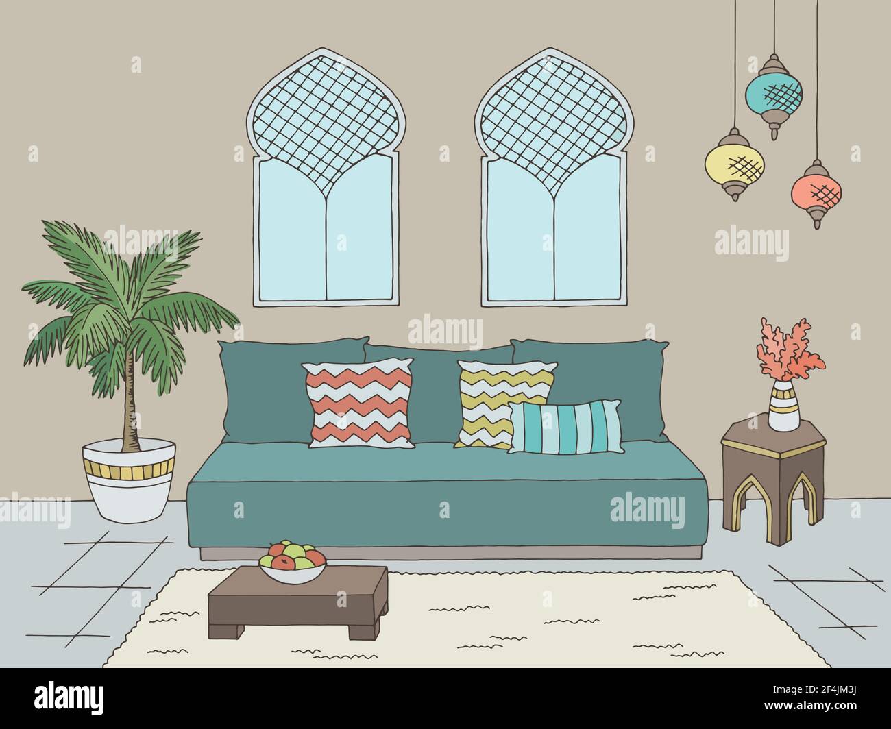 Living room graphic color Arabic home interior sketch illustration ...