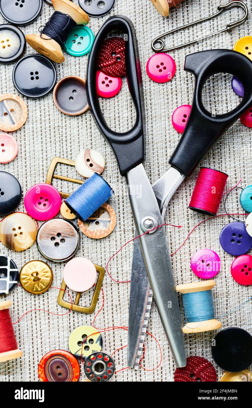 Set of buttons,spools of thread and other sewing accessories Stock Photo - Alamy