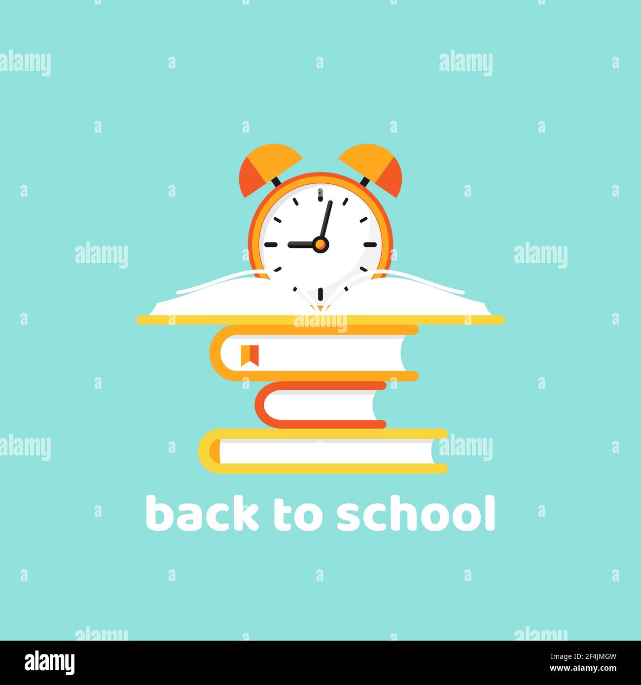 stack of turquoise books with red alarm clock on powder blue background ...