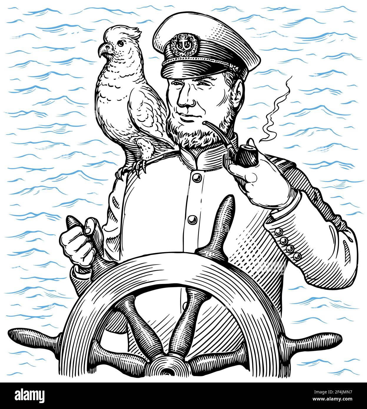 The captain with the parrot smokes a pipe at the wheel Stock Photo - Alamy