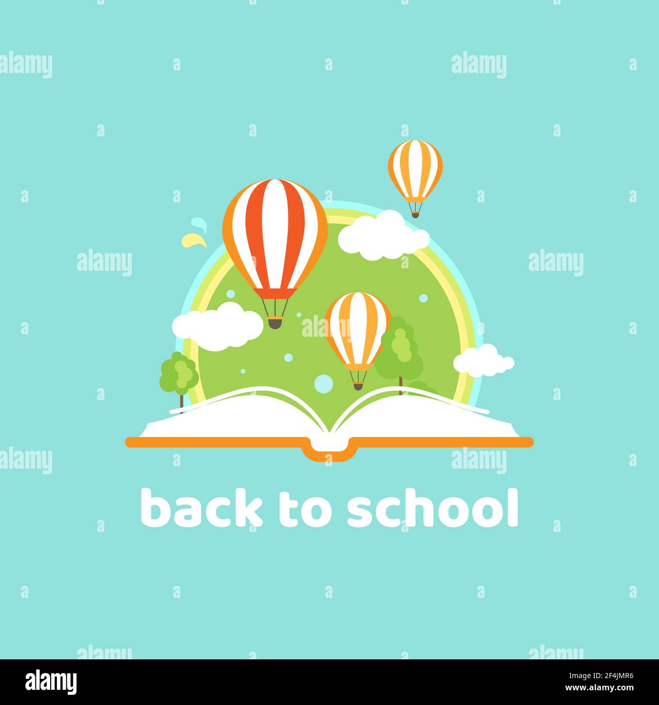 Open book with air balloon, rainbow and clouds isolated on powder blue ...