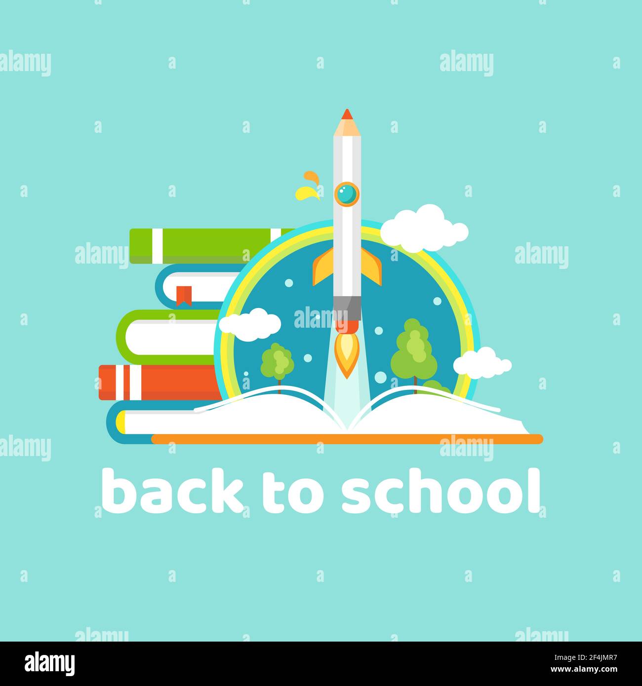 Open book, stack of books, rocket pencil with fire on blue background ...