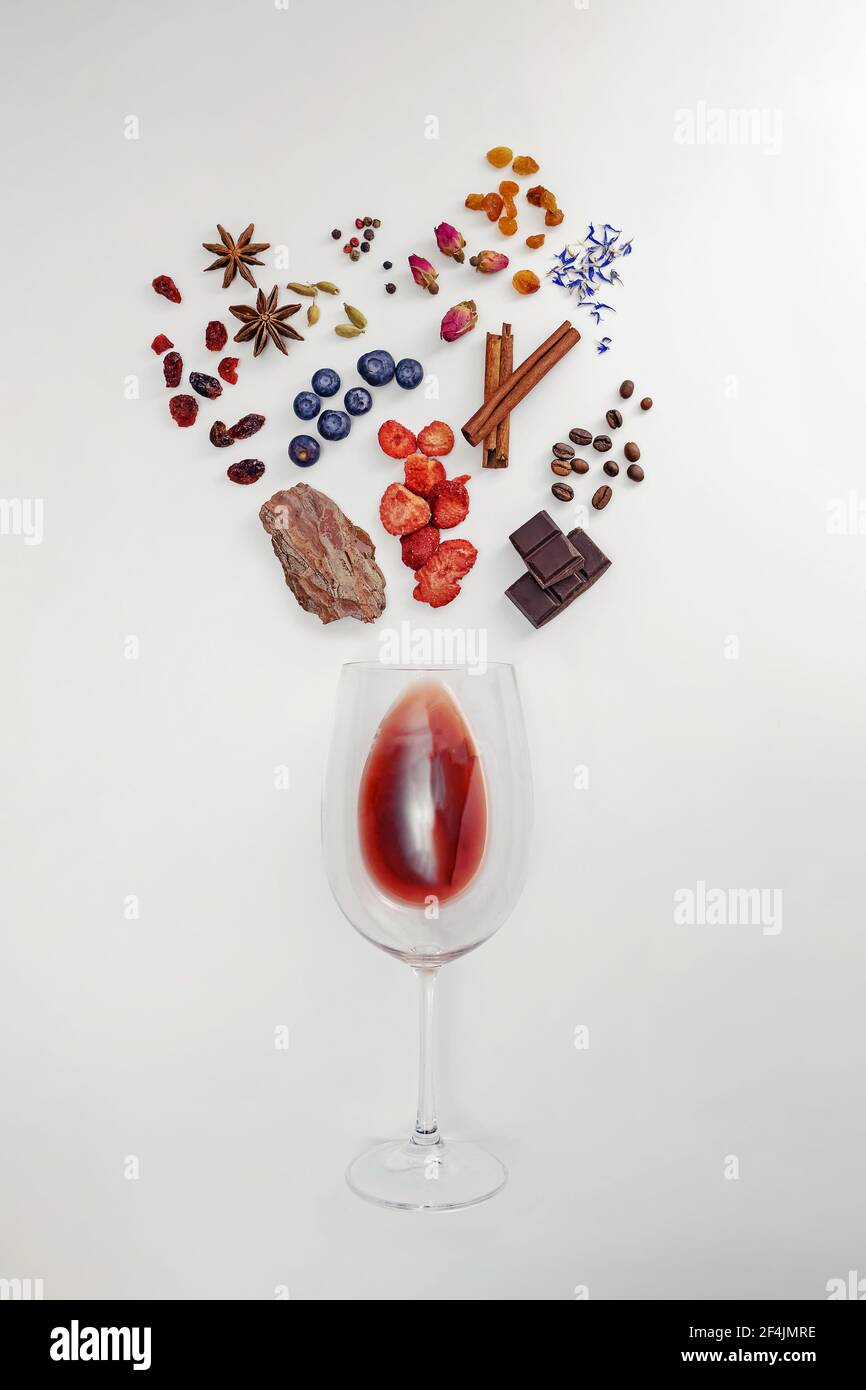 Wine glass and possible flavor components of red wine Stock Photo - Alamy