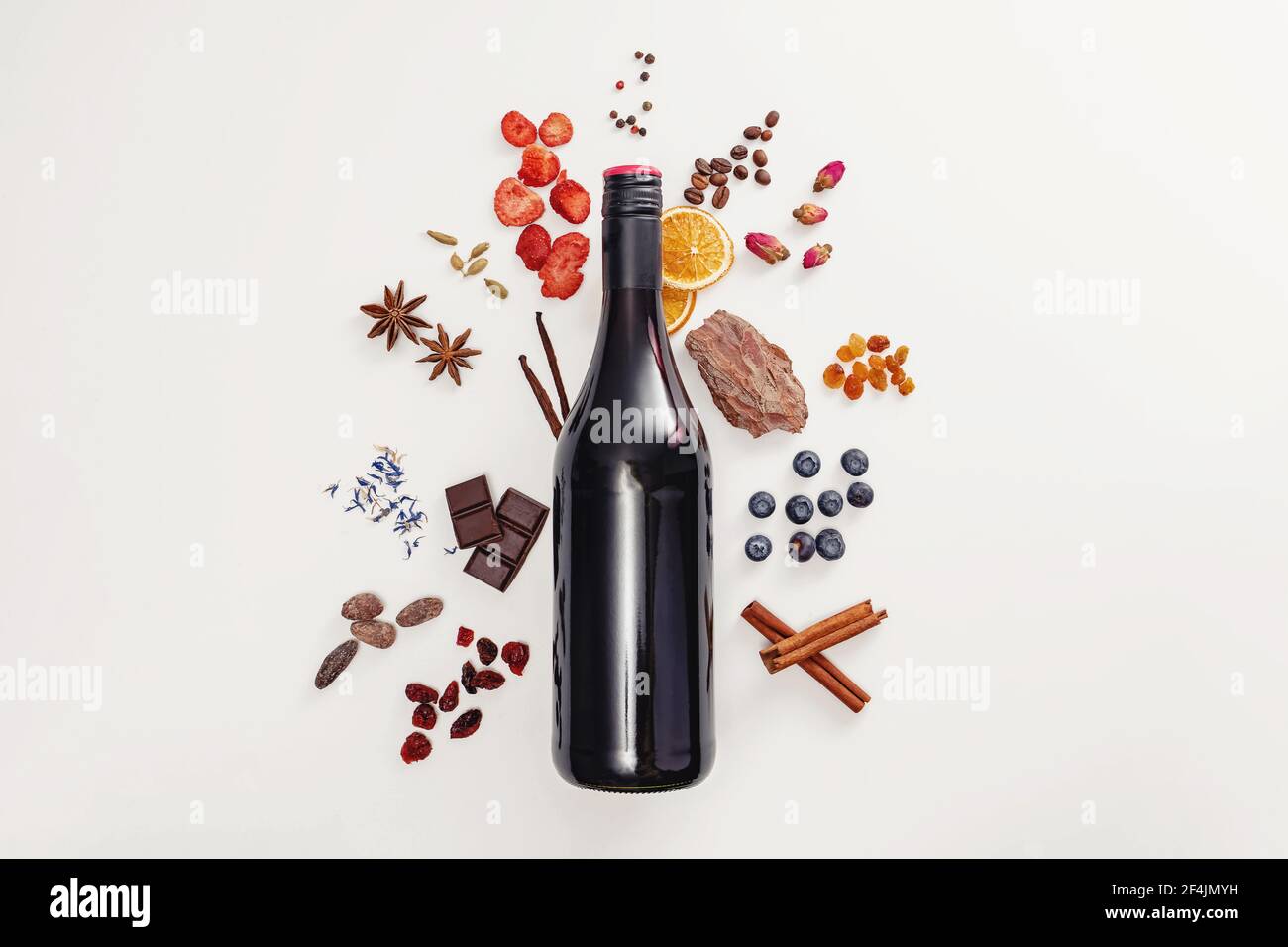 Possible flavor components of red wine. Creative composition Stock ...